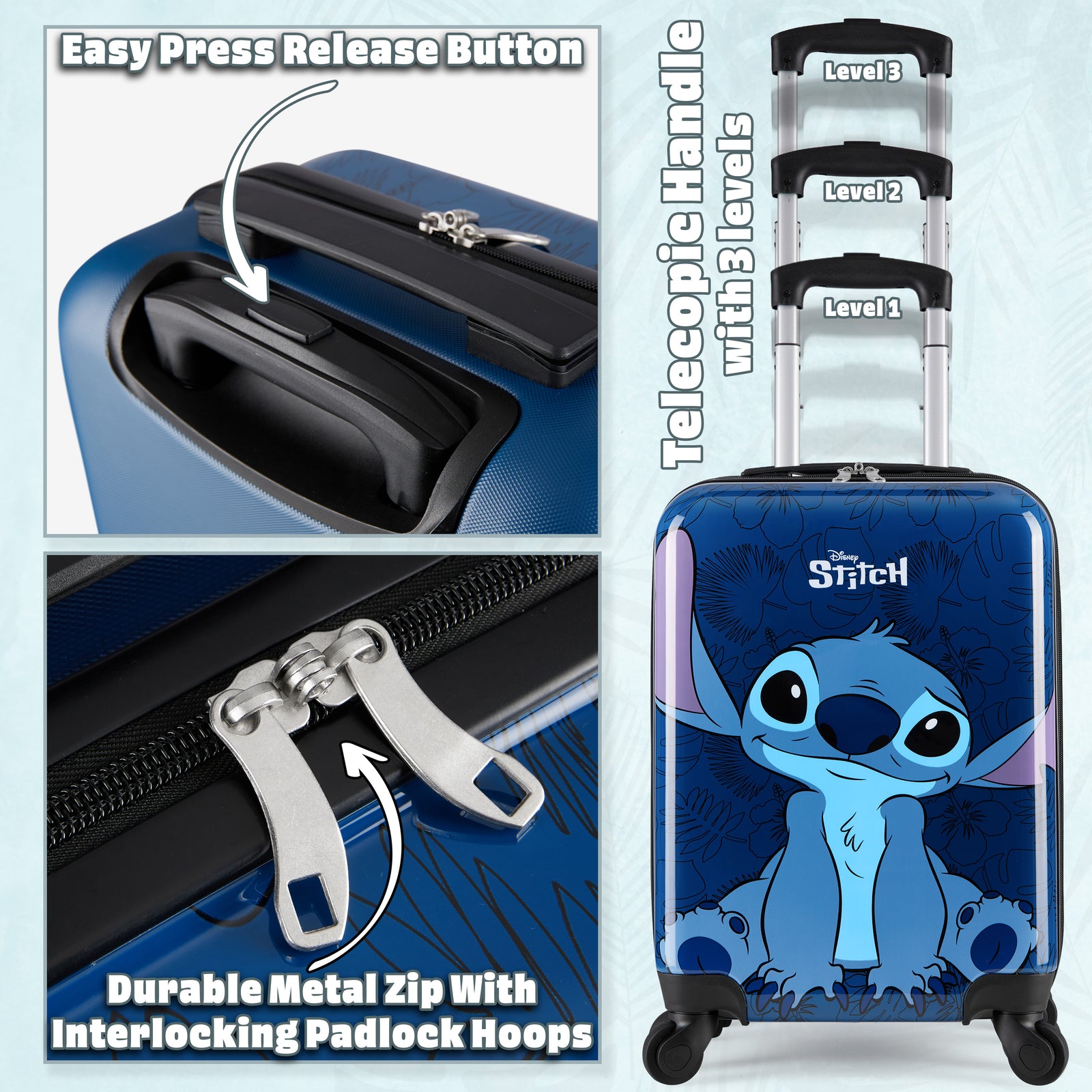 Disney Stitch Carry On Suitcase for Kids, Cabin Bag with Wheels for ...