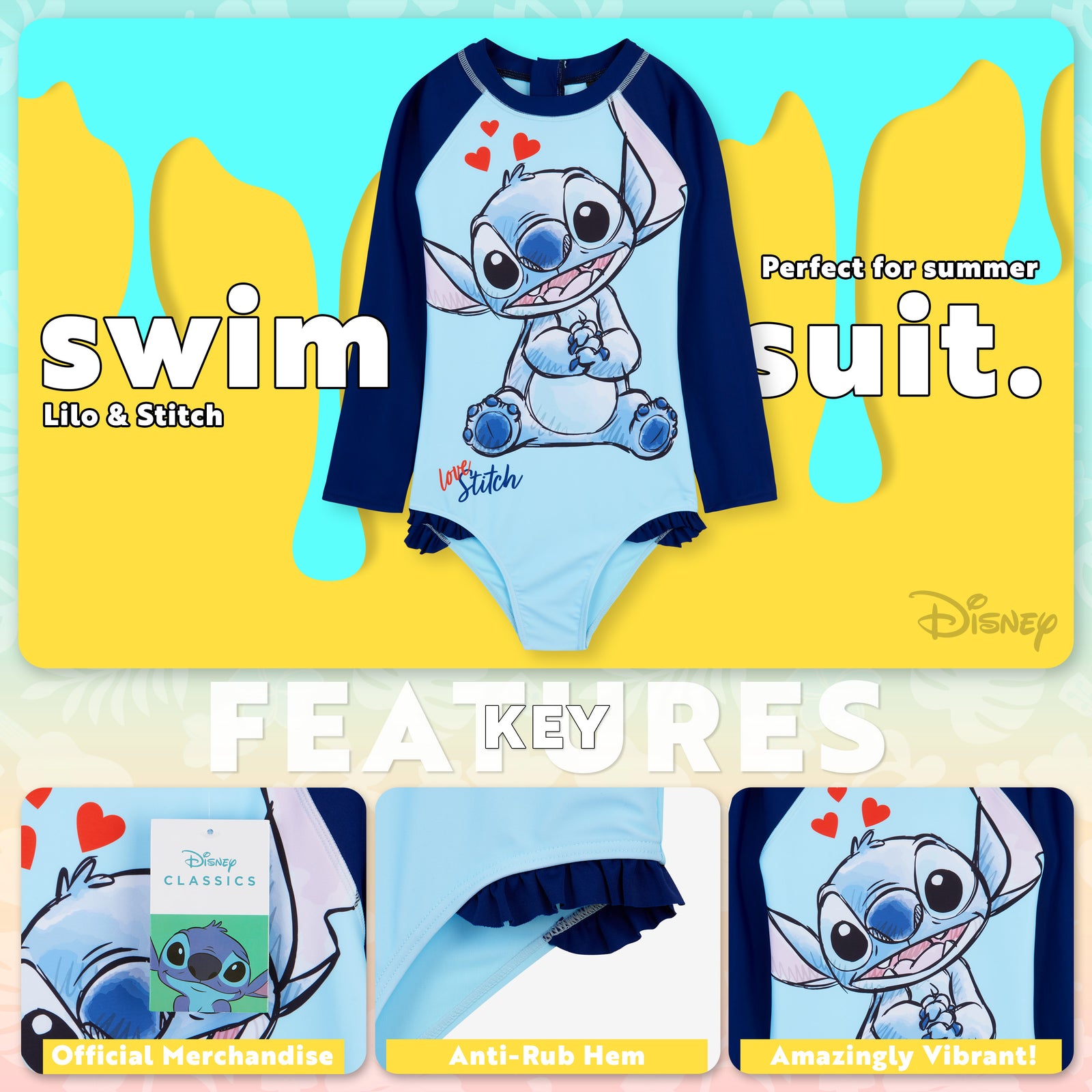 Disney Stitch Girls Swimming Costume Summer Long Sleeve Teenagers ...