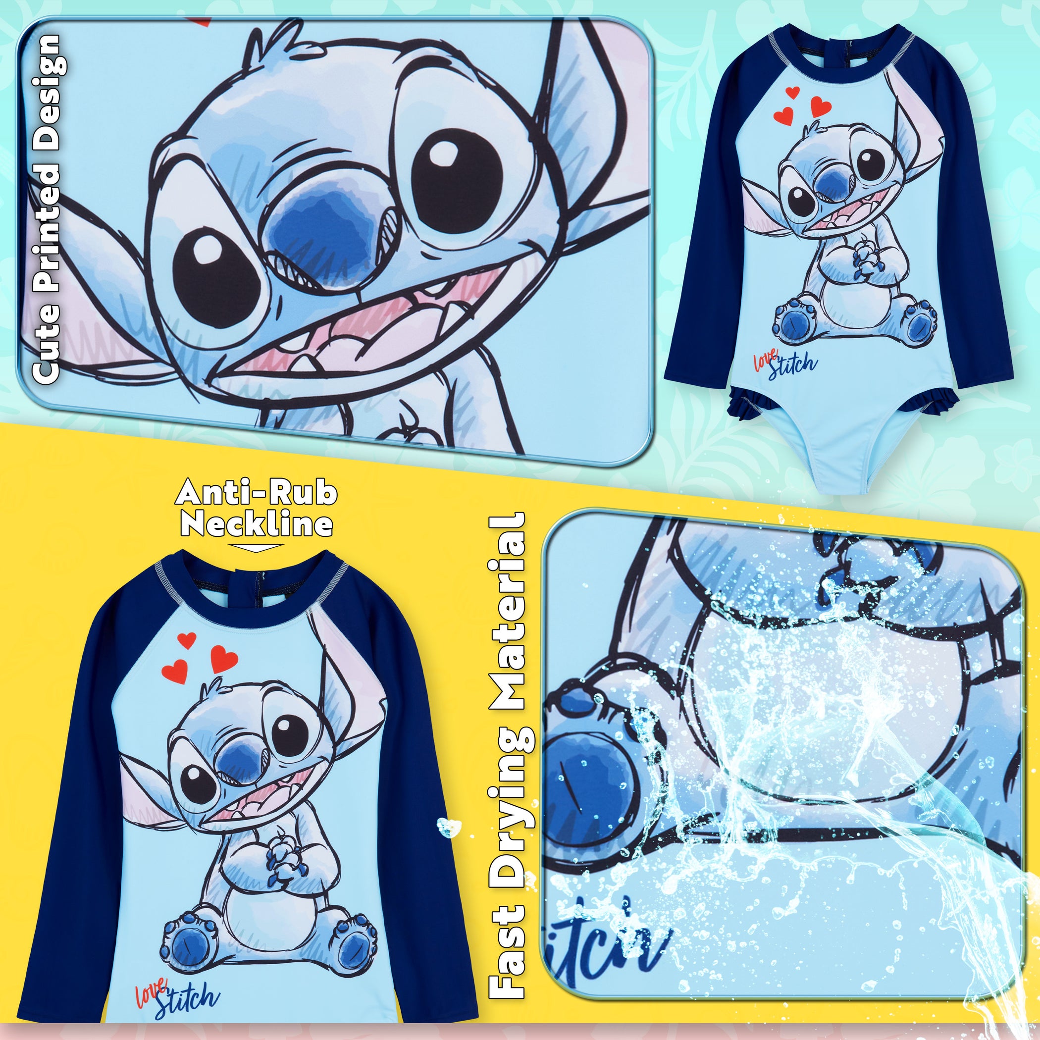 Disney Stitch Girls Swimming Costume Summer Long Sleeve Teenagers Swim ...