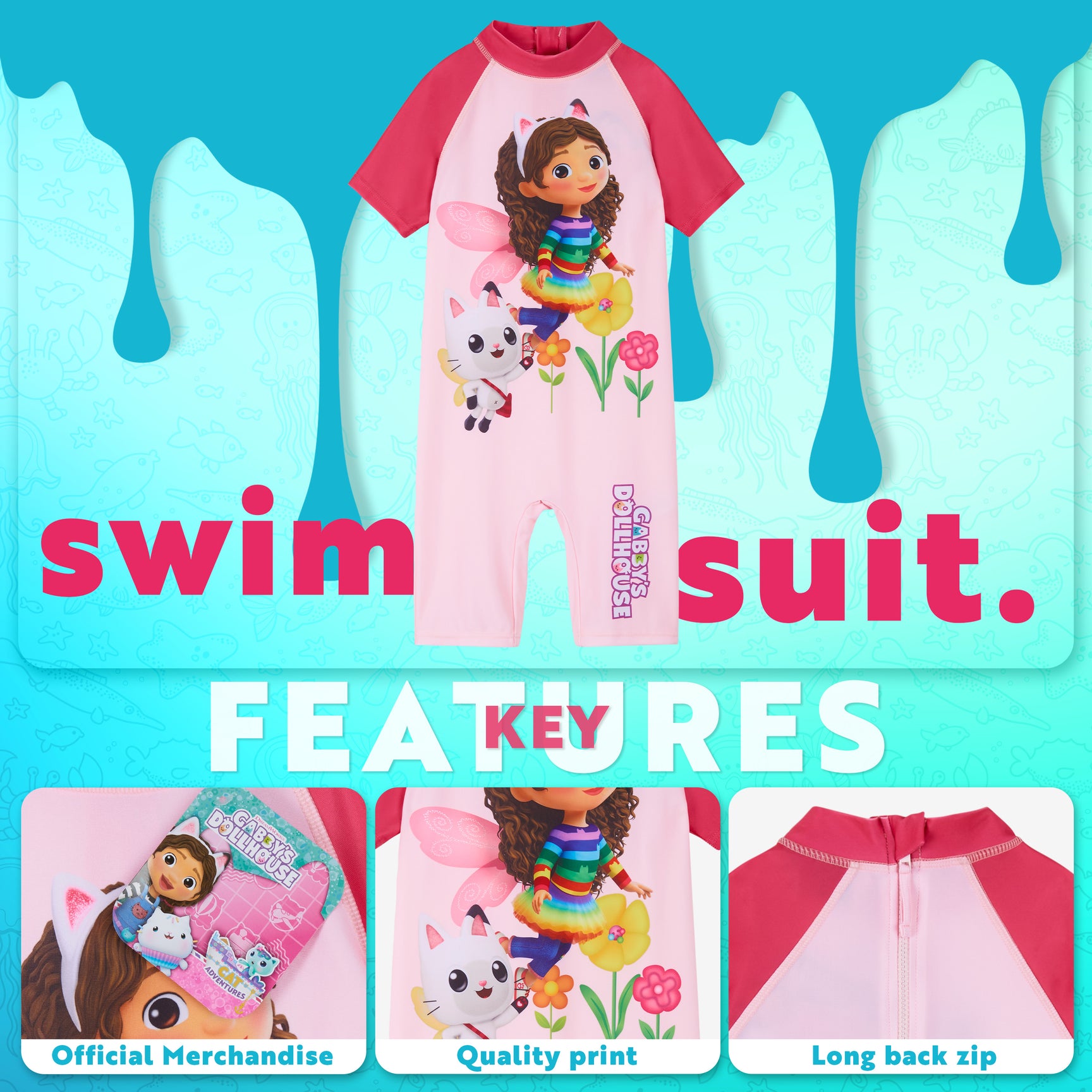 Gabby's Dollhouse Girls Swimming Costume - Long One Piece Swimsuit for ...