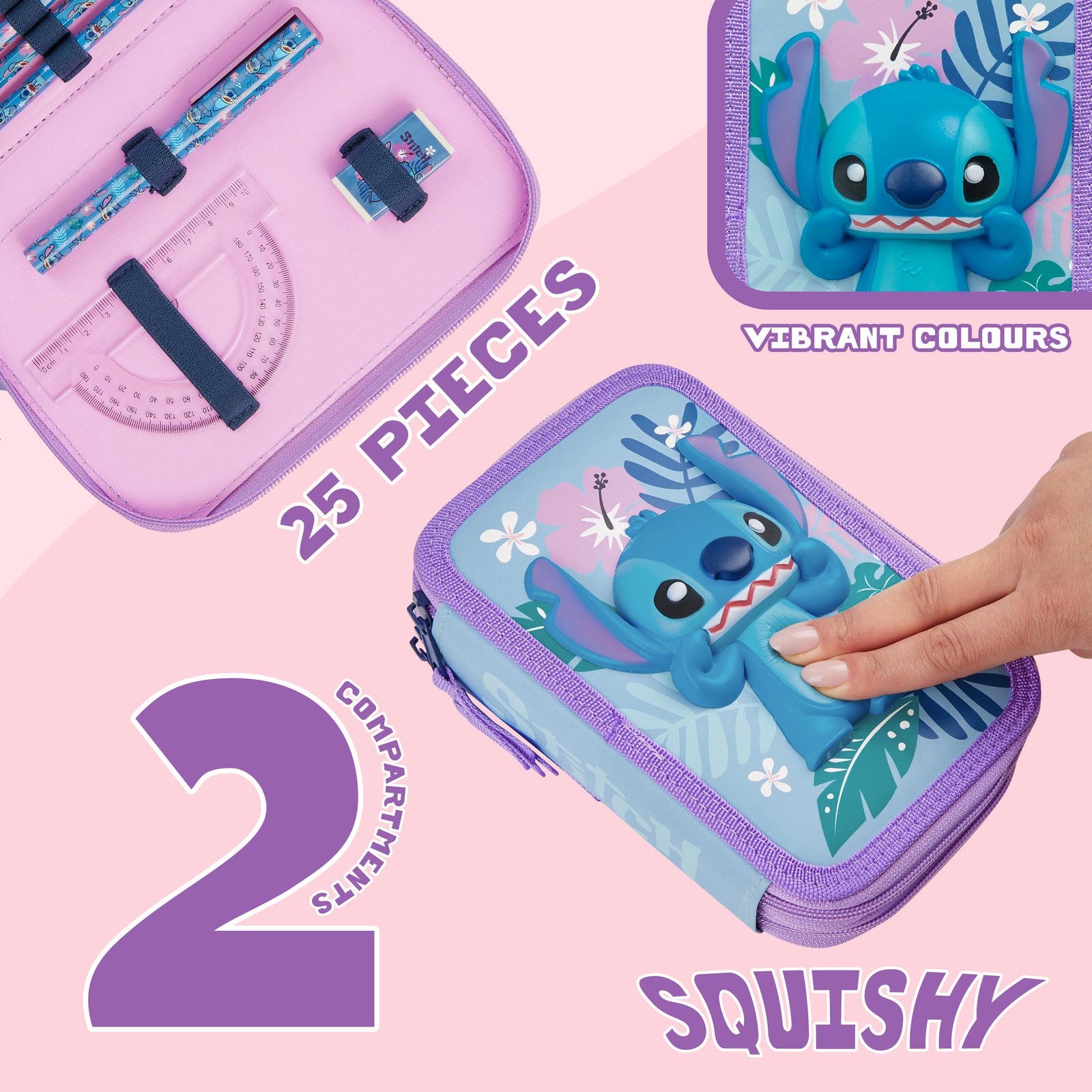 Disney Stitch Pencil Case 2 Compartments Filled Pencil Case