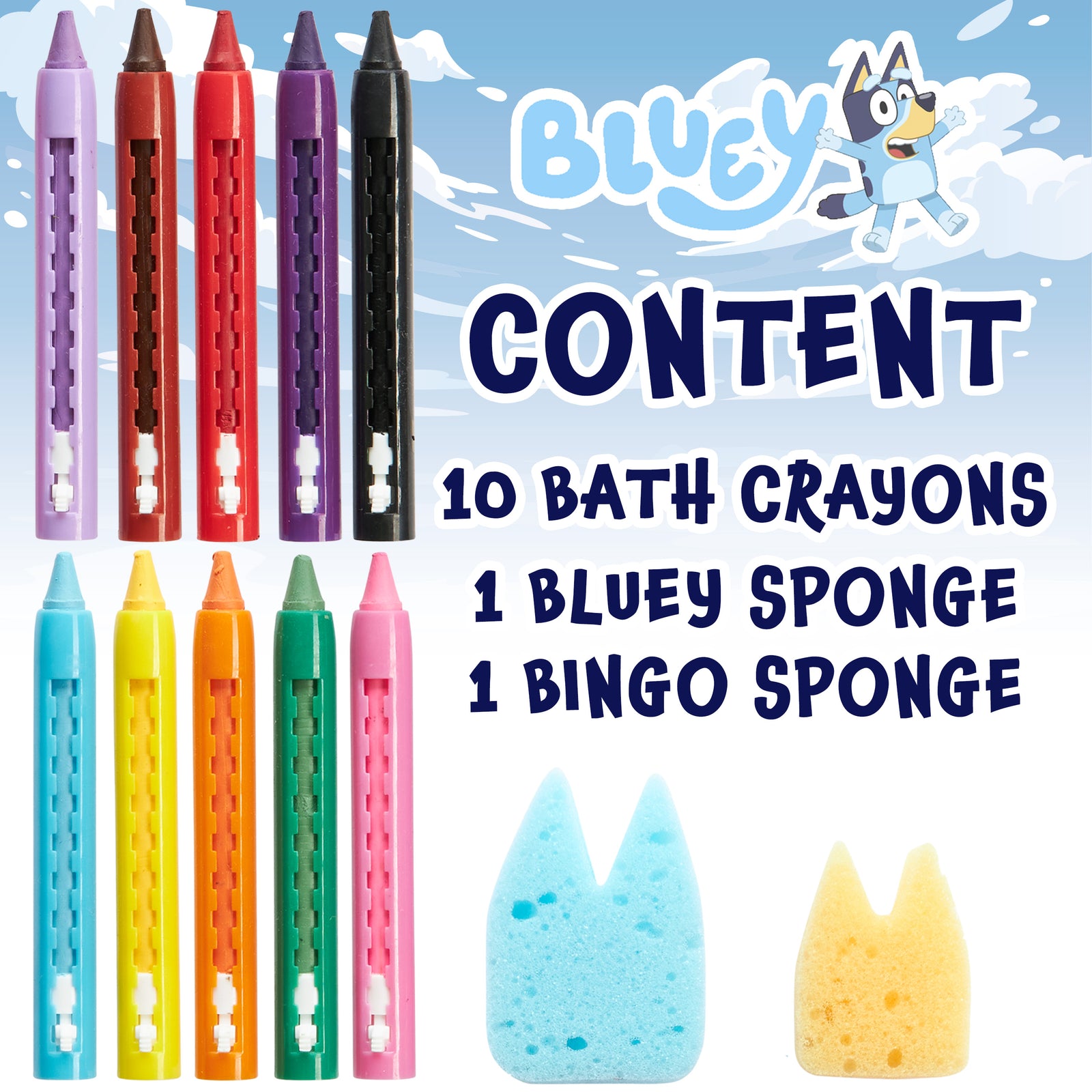 Bluey Bath Crayons Colouring Set 10 Water Crayons 2 Sponges Bath Toys ...