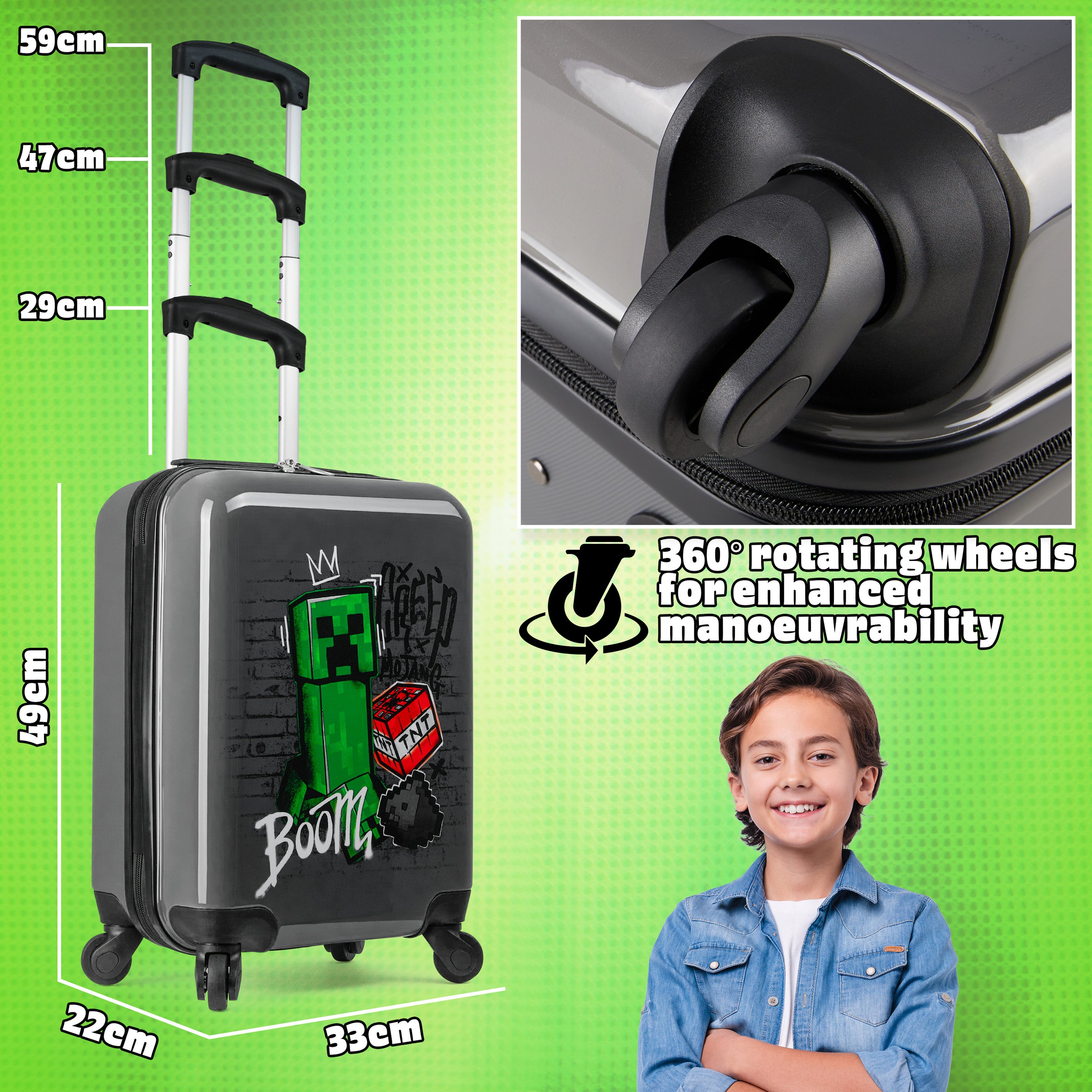 Minecraft Carry On Suitcase for Kids, Creeper Cabin Bag with Wheels ...