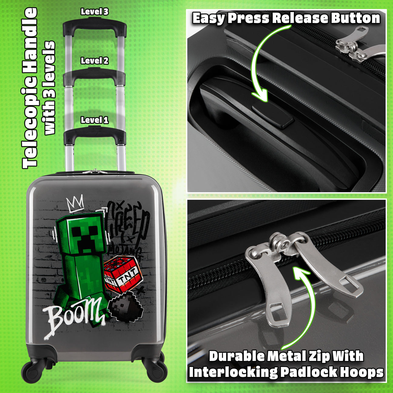 Minecraft Carry On Suitcase for Kids, Creeper Cabin Bag with Wheels ...