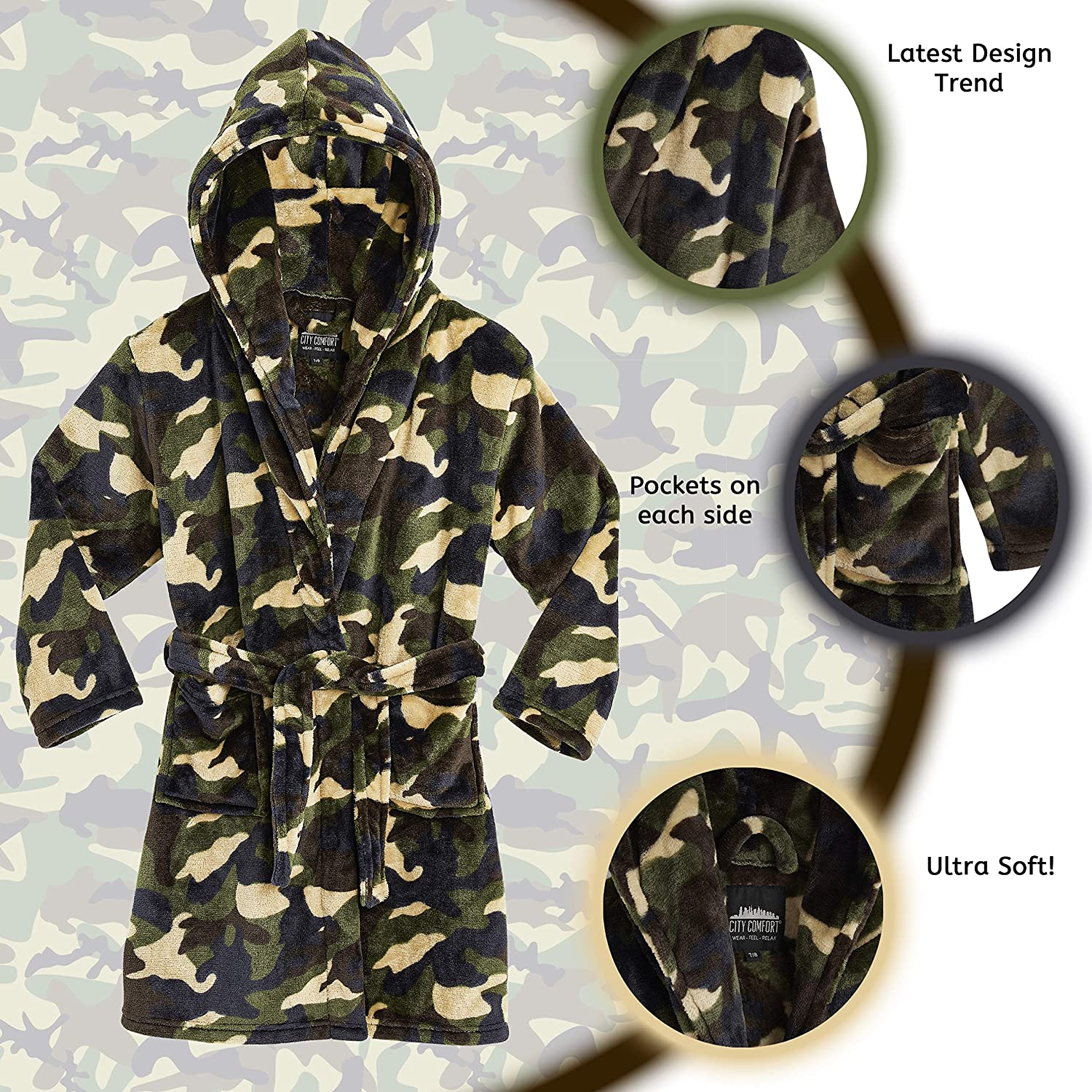 CityComfort Dressing Gown,Camo Fleece Robes with Hoodie and Pockets,fo