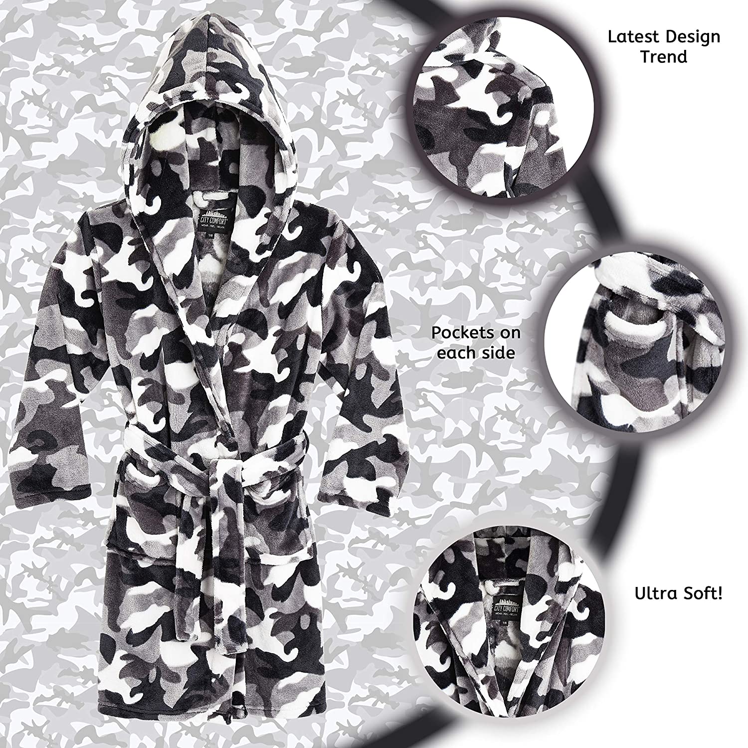 CityComfort Dressing Gown,Camo Fleece Robes with Hoodie and Pockets,fo