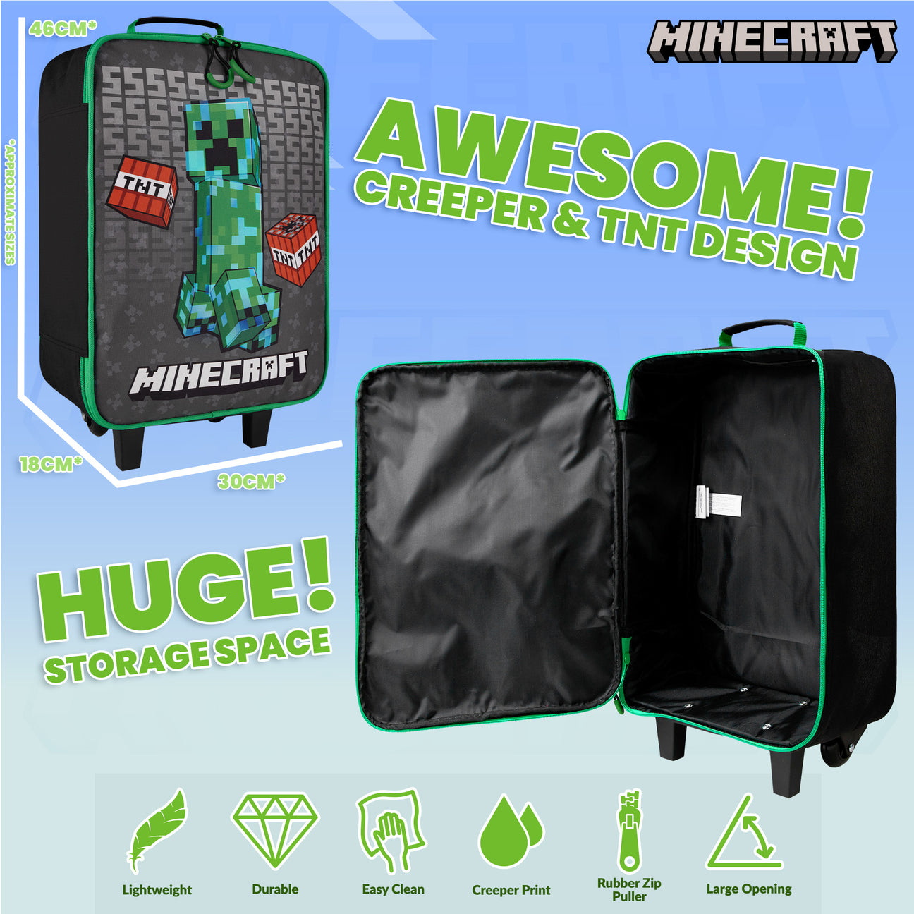 Minecraft Kids Suitcase for Boys and Girls Foldable Trolley Hand Lugga ...