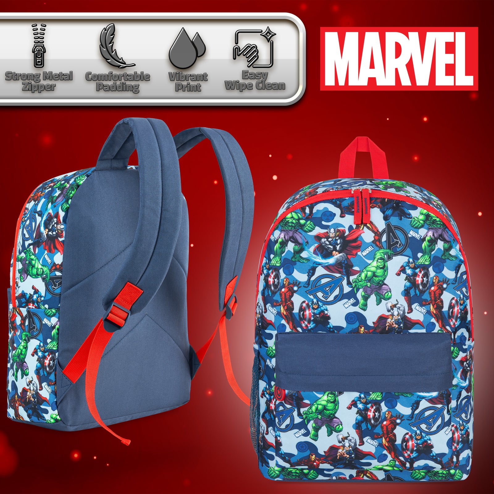 Marvel Kids Backpack, School Bag with Zipped Front Pocket - Avengers ...