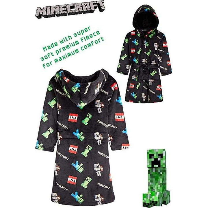Minecraft Hooded Soft Dressing Gown with Creeper Design for Gamers Boys ...