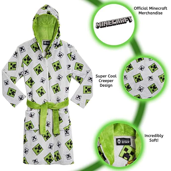 Minecraft Hooded Soft Dressing Gown with Creeper Design for Gamers Boys ...