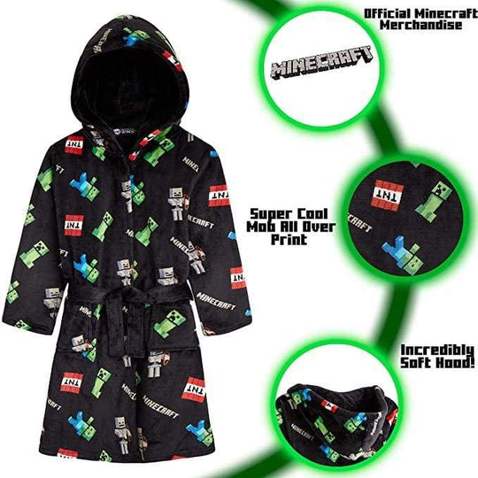 Minecraft Hooded Soft Dressing Gown with Creeper Design for Gamers Boys ...
