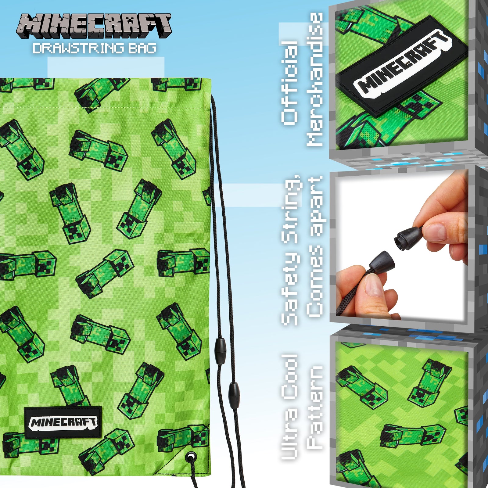 Minecraft Drawstring Bags, School PE Kit, Gym, Swimming, Sports, Travel ...