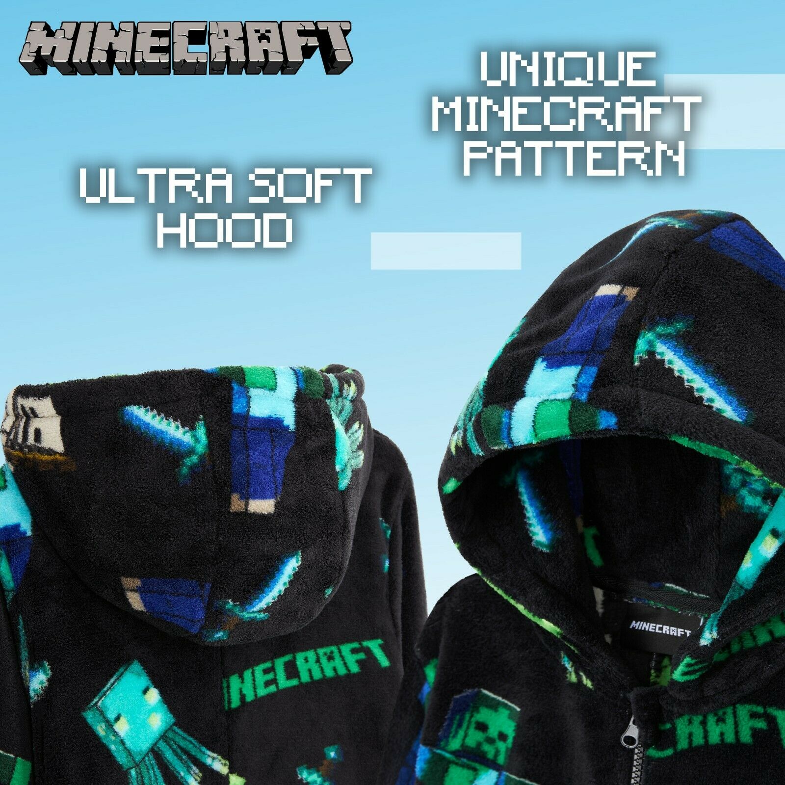 Minecraft Onesie for Boys Kids Pyjamas Soft Hooded Gaming Sleepsuit ...