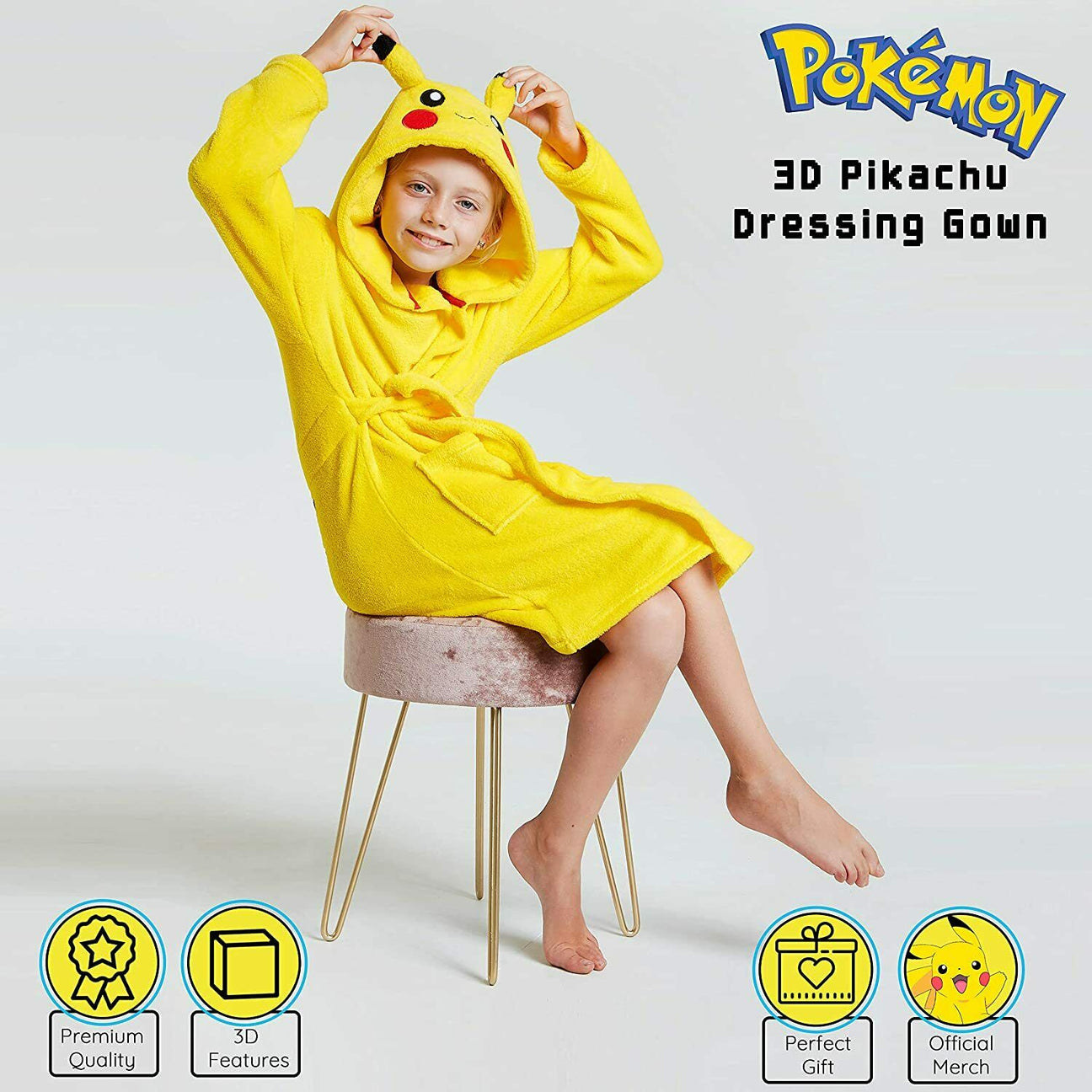 Pokemon Soft Fleece Dressing Gown with 3d Pikachu Hood for Boys Girls ...