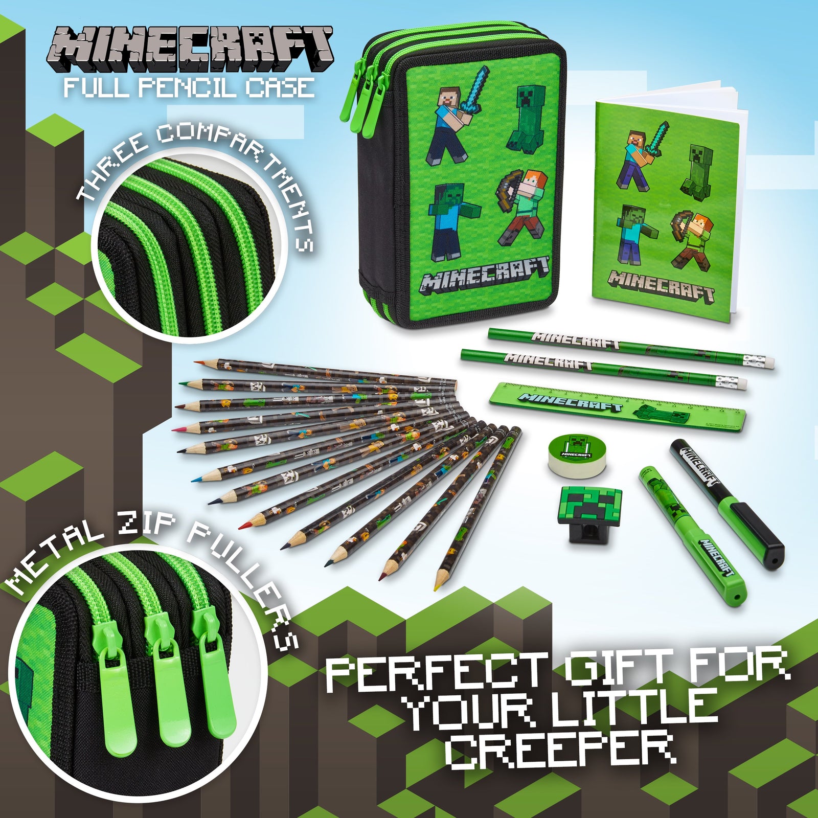 Minecraft Pencil Case, Large Pencil Case 3 Compartment Filled with ...