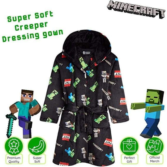 Minecraft Hooded Soft Dressing Gown with Creeper Design for Gamers Boys ...